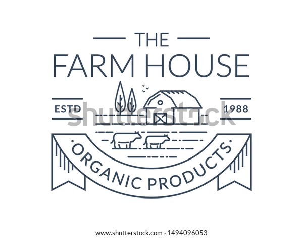 Farm logo isolated on white background. Black line emblem with ...