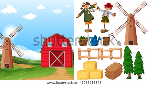 Farm Scene Barn Farming Items On Stock Vector (Royalty Free) 1733213843 ...