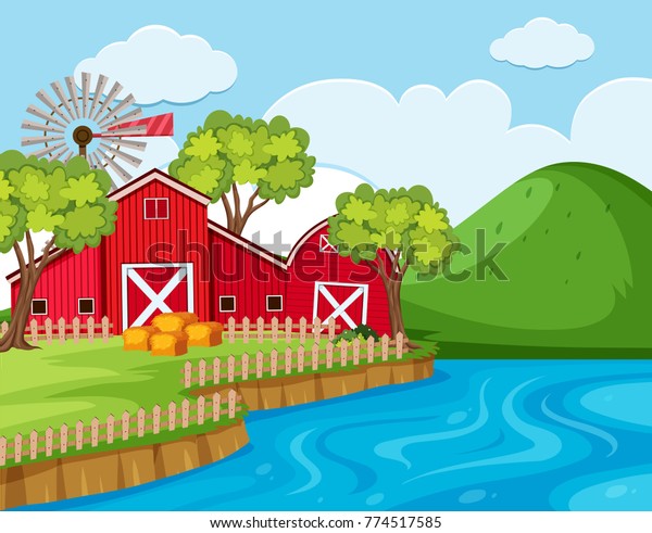 Farm Scene River Mountain Illustration Stock Vector (Royalty Free ...