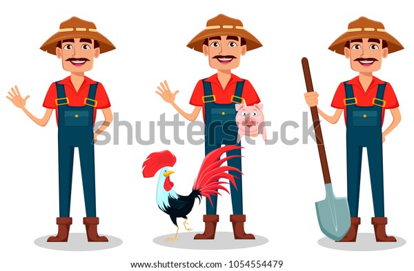 Farmer Cartoon Character Set Cheerful Gardener Stock Vector (Royalty ...