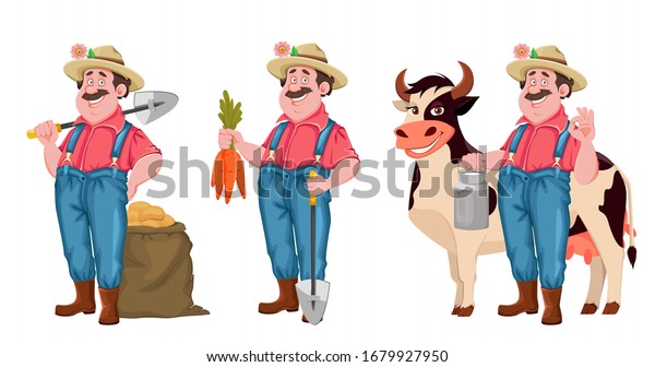 Farmer Cartoon Character Set Three Poses Stock Vector (Royalty Free ...