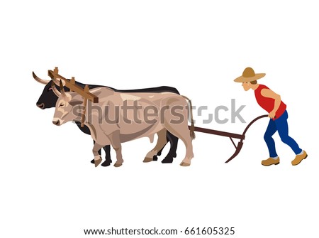 Farmer Plowing Field Pair Oxen Vector Vector de stock (libre de ...