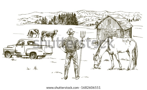 Farmer Working Farm Hand Drawn Illustration Stock Vector (Royalty Free ...