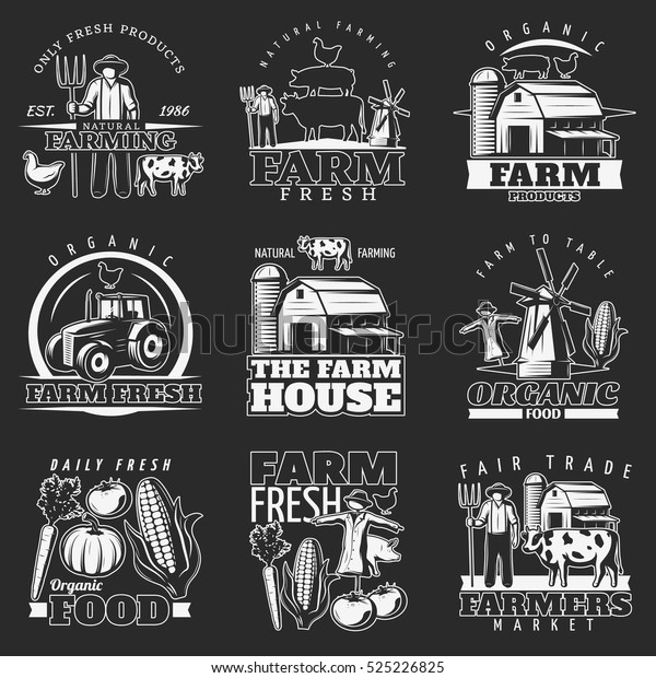 Farming Isolated Emblems Set On Dark Stock Vector (Royalty Free) 525226825
