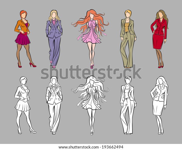 Fashion Catwalk Models. Vector image set of fashion female models in ...