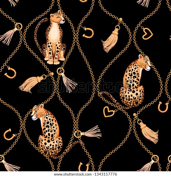 Fashion Fabric Seamless Pattern Leopards Golden: vector de stock (libre ...