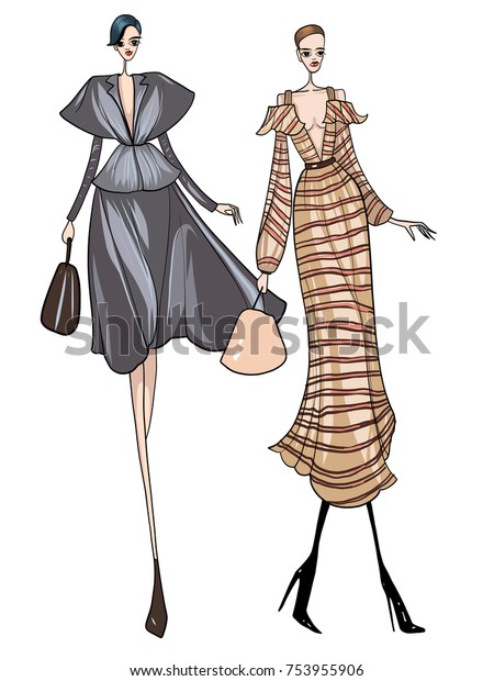 Fashion Model Women Posing Vector Illustration Stock Vector (Royalty ...