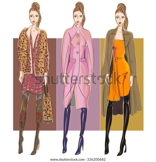 Fashion models in sketch style fall winter. Hand drawn vector illustration
