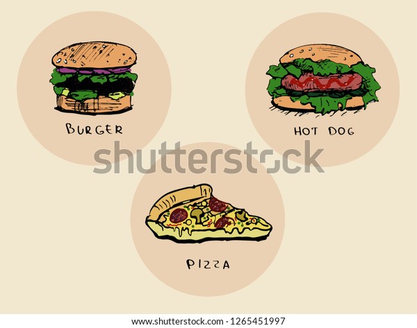 Fast Food Set Colored Line Drawing Stock Vector (Royalty Free ...