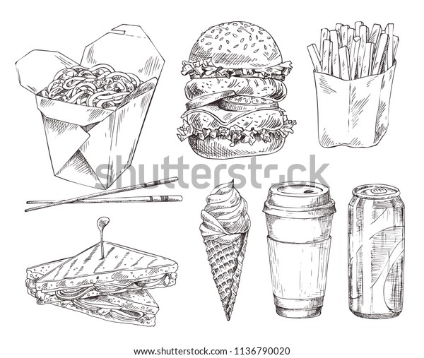 Fast Food Set Hand Drawn Vector Stock Vector (Royalty Free) 1136790020 ...