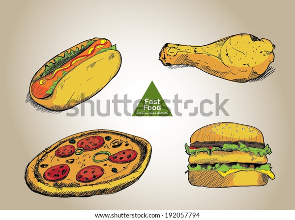 Fast Food Set Hand Drawn Illustrations Stock Vector (Royalty Free ...