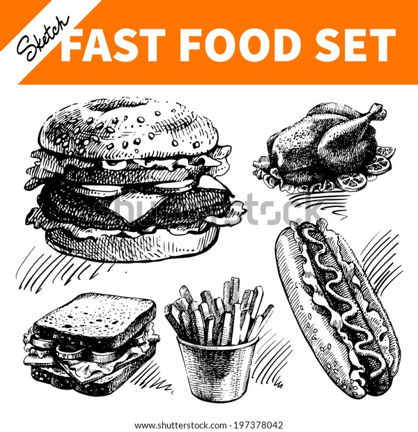 Fast Food Set Hand Drawn Sketch Stock Vector (Royalty Free) 197378042 ...