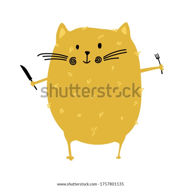 Fat Cat Fork Knife His Hands Stock Vector (Royalty Free) 1757801135 ...