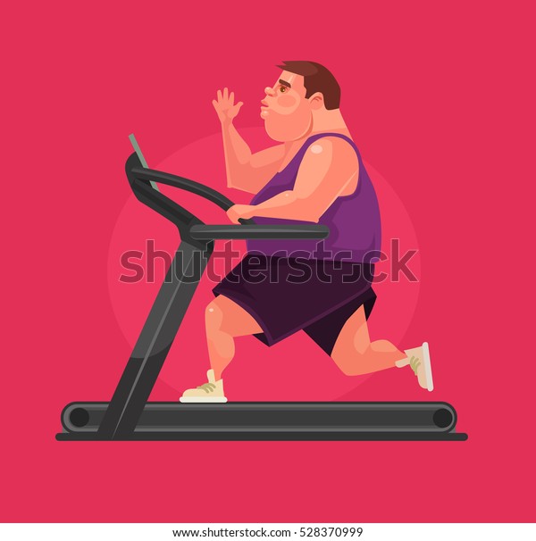 러닝머신에서 빠르게 달리는 뚱뚱한 남자.벡터 플랫 스톡 벡터(로열티 프리) 528370999