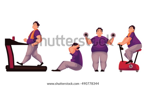 Fat Man Doing Sport Exercises Cartoon Stock Vector (Royalty Free) 490778344
