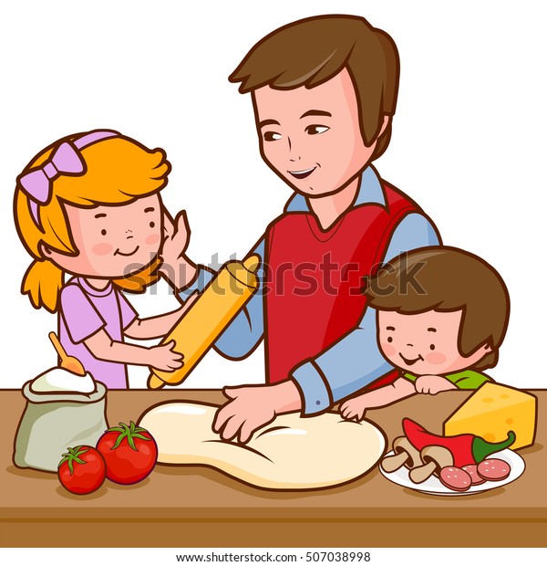 Father Children Make Pizza Kitchen Home Stock Vector (Royalty Free ...