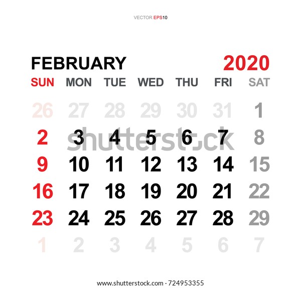 February 2020 Vector Monthly Calendar Template Stock Vector (Royalty ...