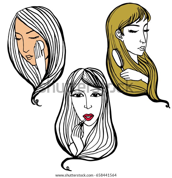 Female Faces Set Contours Color Hand Stock Vector (Royalty Free ...