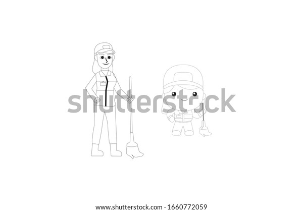 Female Janitor Occupation Vector Outline Illustration Stock Vector ...