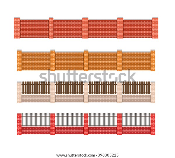Fence vector illustration. Brick fence and wood fence. Fence around the ...