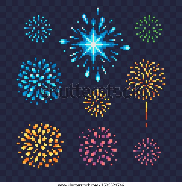 Festive firework bursting in various shapes pixel art icons set. Design ...