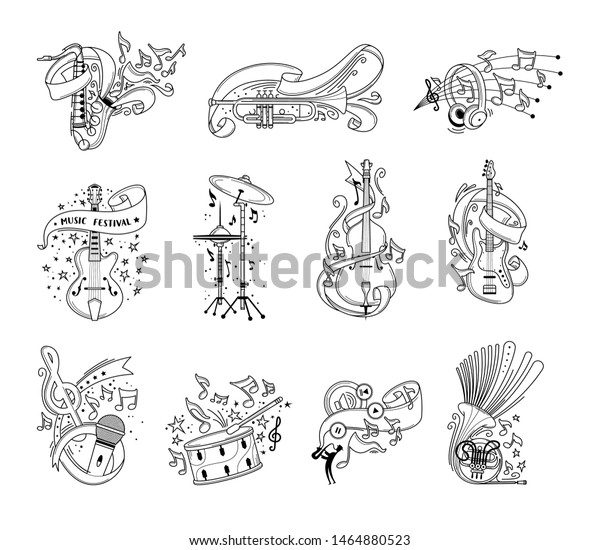 Festive Musical Instruments Outline Vector Illustrations Stock Vector ...