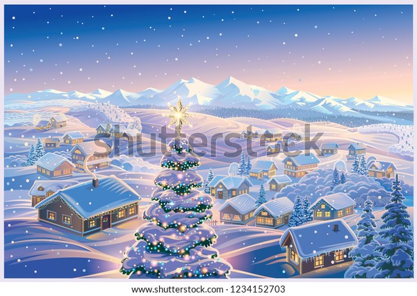 Festive Winter Landscape Village Background Foreground Stock Vector ...