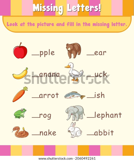 Fill Missing Letter Worksheet Template Illustration Stock Vector ...
