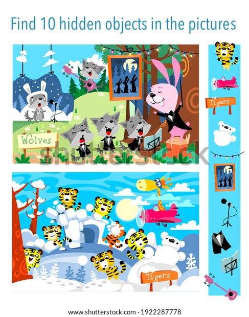 Find 10 hidden objects in the pictures. Vector illustrations, full color. Find 10 hidden objects in the pictures. Vector illustrations, full color.