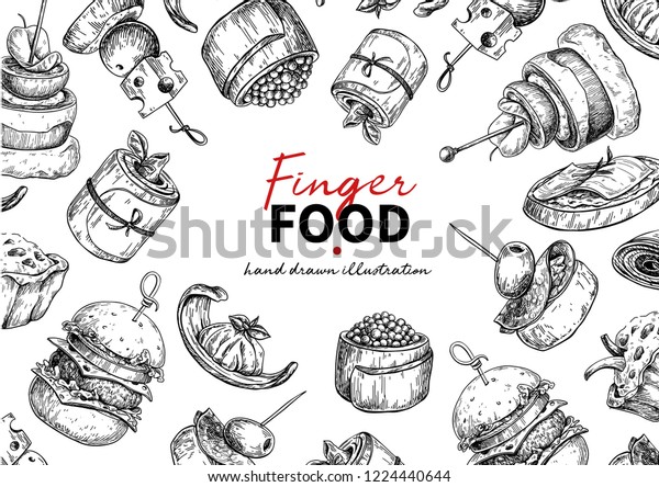 Finger Food Vector Frame Drawing Catering: เวกเตอร์สต็อก (ปลอดค่า ...