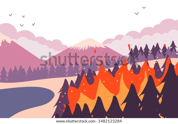 Fire Forest Vector Cartoon Landscape Illustration Stock Vector (Royalty ...