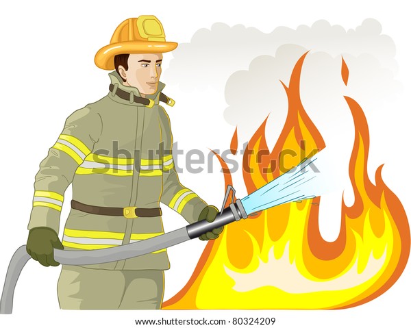 Firefighter Fire Hose Against Fire Stok Vektör (Telifsiz) 80324209