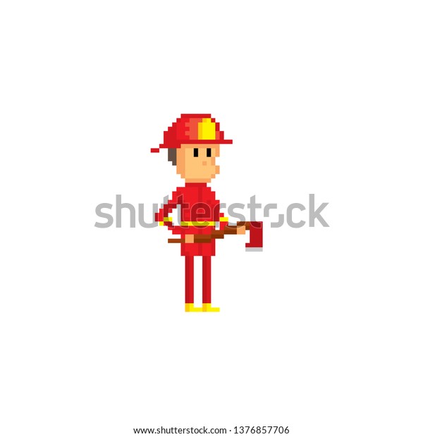 Firefighter Holding Ax Pixel Art Old Stock Vector (Royalty Free) 1376857706