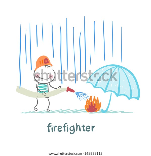Firefighter Stands Rain Extinguish Fire Under Stock Vector (Royalty ...