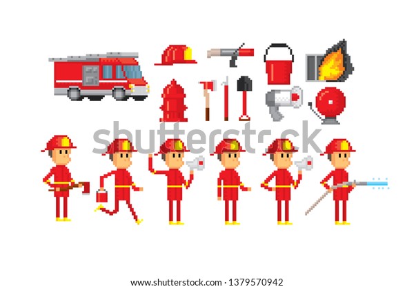 Firefighters Set Pixel Art Old School Stock Vector (Royalty Free ...