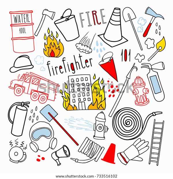 Firefighting Hand Drawn Doodle Firefighter Fireman Stock Vector ...