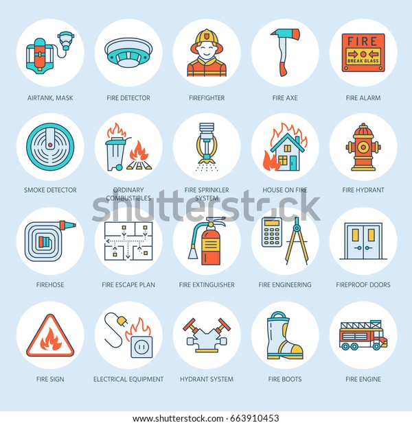 Firefighting Safety Equipment Flat Line Icons Stock Vector (Royalty ...