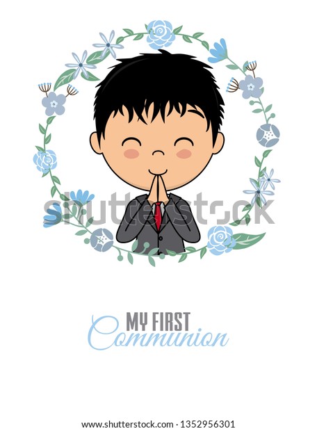 First Communion Card Praying Boy Inside Stock Vector (Royalty Free ...