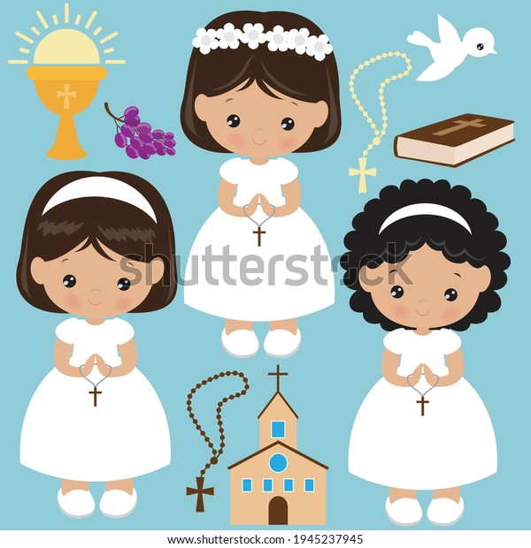 First communion girl vector cartoon illustration