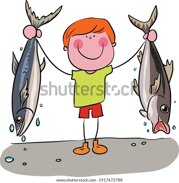 Fisherman Holding His Catch Two Fish Stock Vector (Royalty Free ...