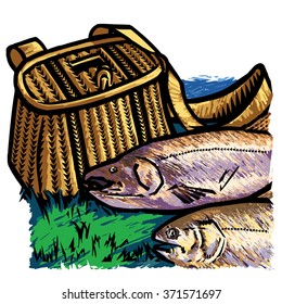 Fishing Creel Two Trout Laying On Stock Vector (Royalty Free) 371571697 ...