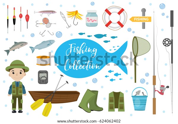 Fishing Icon Set Flat Cartoon Style Stock Vector (Royalty Free ...