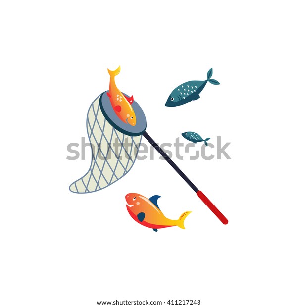 Fishing Net On Stick Fish Cartoon Stock Vector (Royalty Free) 411217243