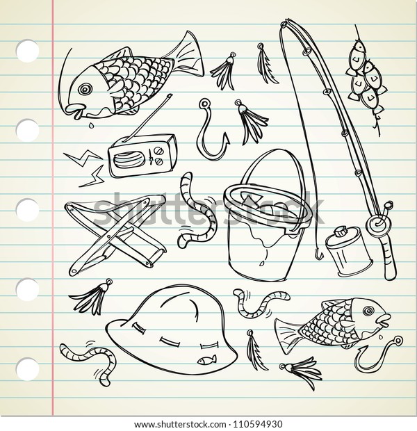Fishing Stuff Doodle Style Stock Vector (Royalty Free) 110594930