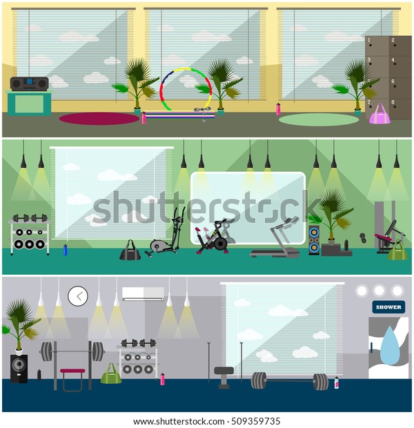 Fitness center interior vector illustration. Work out in gym horizontal ...