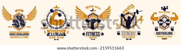 Fitness Sport Emblems Logos Posters Barbells Stock Vector (Royalty Free ...