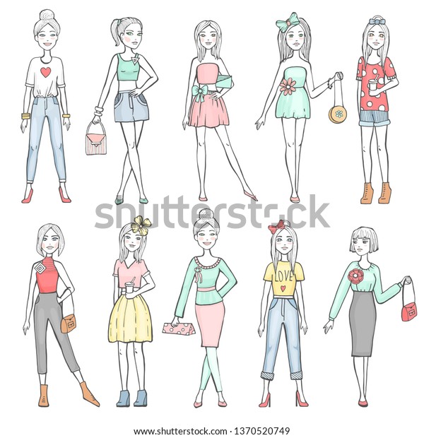 Five beautiful stylish cute cartoon fashion girls. Vector illustration.