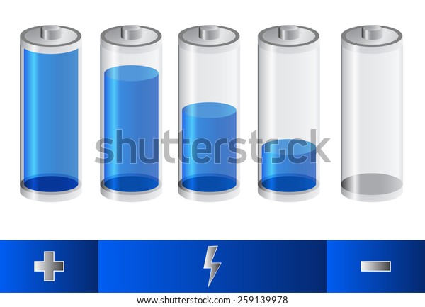 Five blue battery symbols for indicate level of charge. flash symbol ...