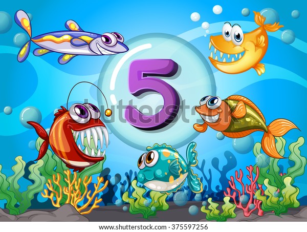 Flashcard Number 5 5 Fish Underwater Stock Vector (Royalty Free ...