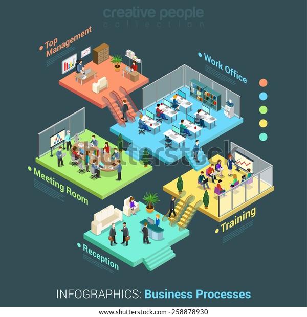 Flat 3d isometric abstract office floor interior departments concept ...